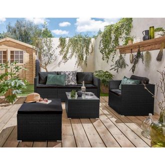 Best Mobilier Bestmobilier - Wanaka - gartenm&ouml;bel aus geflochtenem polyrattan - 5 sitzpl&auml;tze - schwarze kissen - schwarz