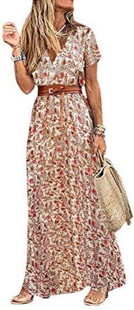 Onsoyours Robe Eté Femme Bohème Chic Vintage Col V Manches Courtes Longue Casual Imprimé Fleurie Maxi Mode De Plage Soirée