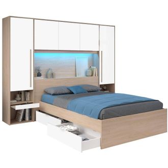 Vente-Unique Vente-Unique - Lit pont 140 x 190 cm avec rangements - 2 tiroirs et 4 niches - &Eacute;clairage LED multicolore - Panneau m&eacute;lamin&eacute; naturel et blanc brillant
