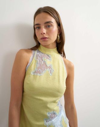 Topshop haut premium dos nu avec d&eacute;tail en dentelle contrastante vert-Pas de couleur
