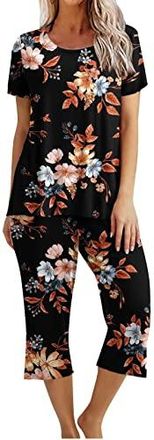 Generic Pyjama Femme Été Coton Ensemble Pyjama Femme Coton Tenue De Nuit Haut Dété Manche Courte, Pantalon 3/4 Fluide Printemps Été Sleepwear Imprimé/couleur 