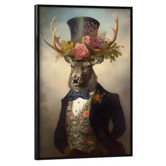 artboxONE Poster mit schwarzem Rahmen 75x50 cm Tiere Gentleman Hirsch mit Blumen - Bild Hirsch Blume Blumen