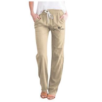 Generic Pantalon en coton et lin pour femme - Jambe large - Pantalon de plage d&eacute;t&eacute; confortable - Pantalon de yoga Palazzo - XIYU26088, beige, 3XL