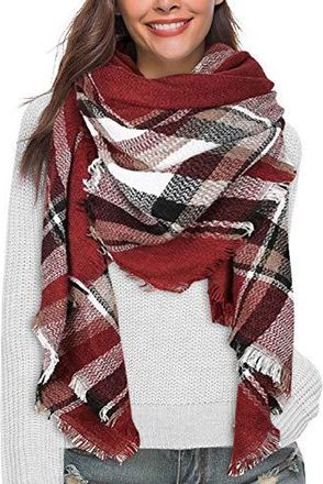 Heekpek Écharpe Chale Femme Cachemire Imitation Chaud Automne Hiver Grand Plaid Tissu Glands Foulard (Vin rouge)
