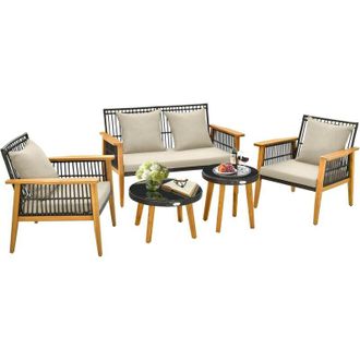 Costway 5-teiliges Rattan Gartenm&ouml;bel Set Akazienholz, Gartenbank & 2 Gartenst&uuml;hle & 2 Couchtische, Sitz- und R&uuml;ckenkissen, Terrassenm&ouml;bel Polyrattan
