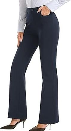 Generic Pantalon habillé bootcut pour femme - Pantalon de travail décontracté - Pantalon daffaires élégant avec poches, bleu marine, L
