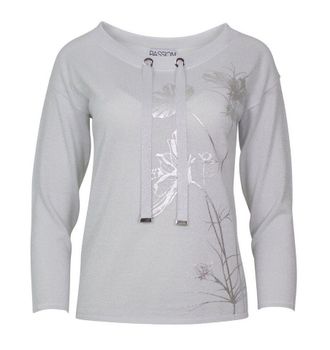 Passioni Langarmshirt mit Silberschimmer und floralen Details mit Glanz und Silberdruck
