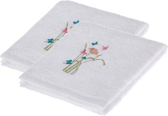 Homescapes 2er-Set Seiftücher 30x30 cm weiß mit Stickerei, Waschlappen 100% ägyptische Baumwolle, Gesichtshandtücher mit Schmetterlings-Motiv