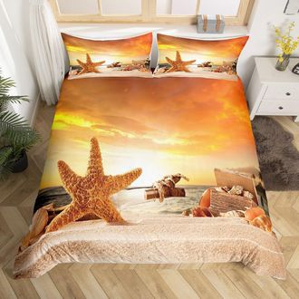 Generic Bettw&auml;sche 135x200 cm Seesterne und Muscheln 3 Teilig Bettbezug 135 x 200 Sonnenaufgang Am Strand Bettw&auml;sche-Sets 3D Weiche Mikrofaser Bettbezug Set m
