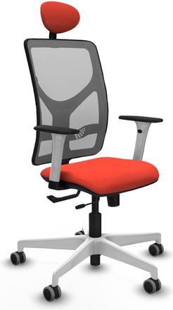 Piqueras y Crespo B&uuml;rostuhl in Orange, mit wei&szlig;en und schwarzen Armlehnen, h&ouml;henverstellbarer Lendenwirbelst&uuml;tze und festem Kopfteil, ausgestattet mit Syncro/Traslack. 