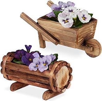 Relaxdays Pflanzengefäß Holz, 2 Stück, Pflanzschubkarre & halbes Blumenfass, Gartendeko, zum Bepflanzen, rustikal, Natur