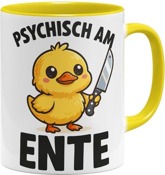 OM3 Psychisch am Ente Kaffee-Tasse mit Spruch - Spruchtasse Fun Motiv - Schwarzem Humor - Keramik Becher - 325ml - Beidseitig Bedruckt - Gelb