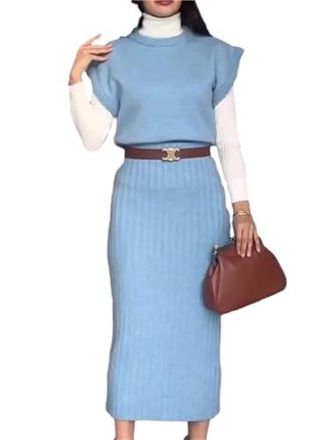 Generic Tenue dautomne 2 pi&egrave;ces pour femmes, coupe d&eacute;contract&eacute;e, pull &agrave; manches courtes en tricot c&ocirc;tel&eacute; et jupe midi moulante, ensemble chandail &agrave; jupe midi 