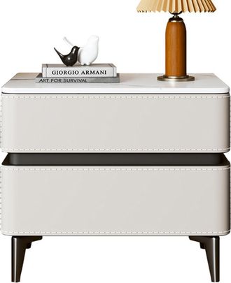 Generic Nachttisch Aus Leder - Luxuriöser Nachttisch Aus Massivholz Mit 2 Schubladen, Schieferplatte Und Goldenen Edelstahlhalterungen, Minimalistischer Moder