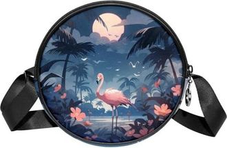 Generic Sac &agrave; bandouli&egrave;re rond pour femme, motif flamants roses, petit sac &agrave; bandouli&egrave;re avec fermeture &eacute;clair, bretelles r&eacute;glables, sac &agrave; main rond d&eacute;contrac