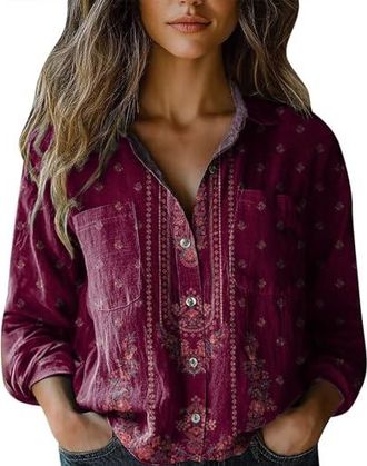 Generico Chemise Femme d&Eacute;t&eacute; &Eacute;l&eacute;gant Manches Longues Chemisier en Lin Coton Curvy Respirant T Shirt Col en V Mode Blouse Vintage Imprim&eacute; avec Boutons L&eacute;ger Chem