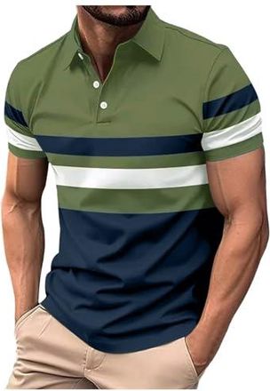 Generic Polo &agrave; manches courtes pour homme - &Eacute;t&eacute; d&eacute;contract&eacute; - Patchwork - Ray&eacute; - Chemises de vacances, Vert arm&eacute;e., 3XL