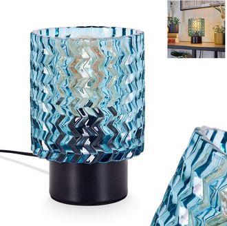 HOFSTEIN Tischleuchte Falgorosa, Tischlampe aus Metall/Glas in Schwarz/Blau, Leuchte im modernen Vintage/Retro-Design mit Schirm aus Glas (Ø 11 cm) u. An/-Ausc