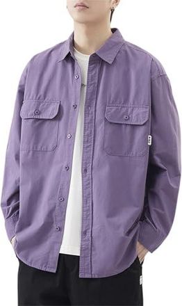 Generic Chemise de travail d&eacute;contract&eacute;e &agrave; manches longues/courtes en coton avec deux poches poitrine pour homme printemps et automne, Violet., 4XL