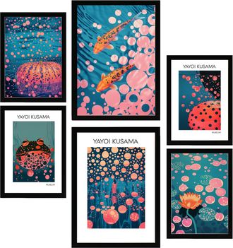 Nacnic 6er-Set Yayoi Kusama Japanischer K&uuml;rbisfisch Gerahmtes Poster mit Design-Illustrationen zur Dekoration der W&auml;nde Ihres Zuhause Zimmer B&uuml;ro Laden Maler