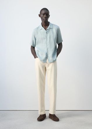 Mango Chemise 100 % lin col bowling bleu porcelaine - Homme - XS - MANGO MAN