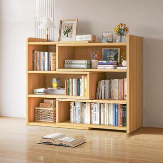 Generic Verstellbarer Holz-B&uuml;cherregalschrank, niedriger Stauraum-Organizer mit seitlicher Ablage, mehrschichtige Schreibtischeinheit, Massivholz, modernes De