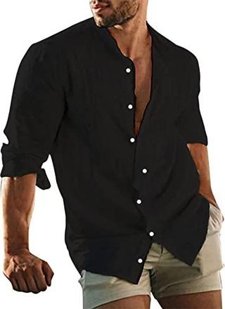 Generic Chemise en lin pour homme - Chemise en lin pour homme - Coupe ajust&eacute;e - Coupe ajust&eacute;e - Blanc - Polo blanc - Col en V - Haut long pour homme, Noir, 3X