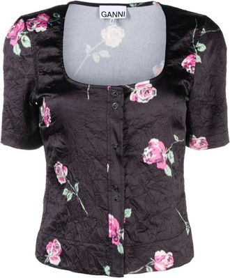 Ganni Femme, Blouses et Chemises, Noir, Taille: 36 FR Blouse en satin froiss&eacute;