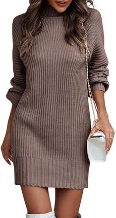 Generic Mini robe pull &agrave; col roul&eacute; et manches longues en tricot c&ocirc;tel&eacute; chaud extensible et manches chauve-souris surdimensionn&eacute;e pour lhiver, marron, L