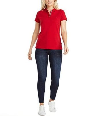 Nautica Polo Respirant 100% Coton à Manches Courtes à 3 Boutons Rouge, XS Femme