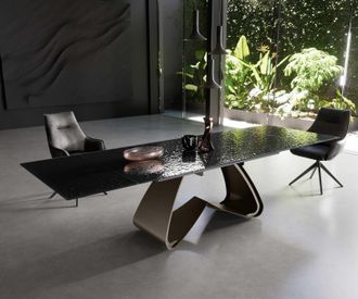 DELIFE Esstisch Edge 200-300x100 Reliefglas Rauchschwarz 3D-Design W-Gestell Effektfinish Titan ausziehbar, Esstische