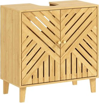 HOMCOM Meuble sous lavabo - HOMCOM - avec &eacute;tag&egrave;re r&eacute;glable et portes &agrave; lattes - anti-humidit&eacute; - en bambou - 60 x 30 x 60 cm - naturel