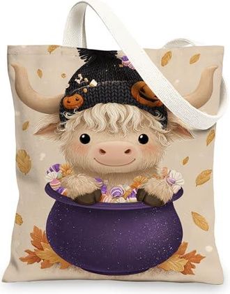 Generic Sacs fourre-tout en toile de vache des Highlands, adorables motifs danimaux de dessin animé, légers et lavables pour le shopping, les voyages, la plag