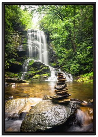 Pixxprint Zen Steine vor Wasserfall Leinwandbild 100x70 cm im Bilderahmen, Wandbild, Schattenfugenrahmen, Kein Poster