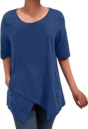 Generic Chemisiers d&eacute;t&eacute; pour femme - Grande taille - Manches quart - T-shirts en coton pour femme - Coupe ample - Chemise en lin boh&egrave;me ample - Haut blanc - H