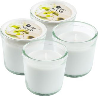 IKEA Ikea ADLAD Weiße Duftkerzen in Gläsern, Waldhölzern, Bernstein und Zitrus, 7,5 cm, je 20 Stunden, 4 Stück