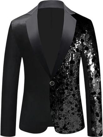 Generic Veste de costume &eacute;l&eacute;gante &agrave; paillettes pour homme - Blazer &agrave; revers en pointe - Manteau de sport scintillant, Noir, XXL