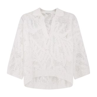 Brunello Cucinelli Femme, Pulls, Blanc, Taille: 38 FR Pull en Lin et Coton avec Motif Sequins All-over