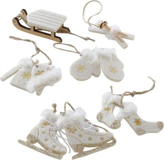 B&B 6 teiliges Set Christbaumschmuck Weiss Holz Filz Schlittschuhe Ski Schlitten Nostalgie Alpen Thema Winter Ski Fahren Baumschmuck Chirstbaumdeko H&auml;nger