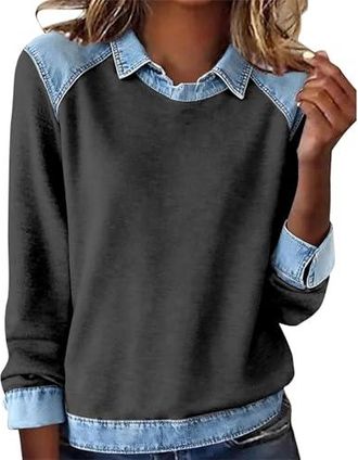 Generic Pull Femme Col Manches Longues Tops Denim Patchwork Sweatshirt Femme Sans Capuche Casual Mode T-shirt &agrave; Manches Longues Chemisier Contraste Femme Pull