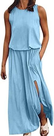 Generic Robe boh&egrave;me 2026 pour femme, col rond, sans manches, avec fente lat&eacute;rale, style boh&egrave;me, bleu, XXL
