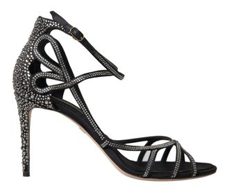 Dolce & Gabbana Womens Rhinestone Stiletto Sandal Satin Shoes Black Viscose