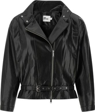 Self Portrait Femme, Vestes, Noir, Taille: 36 FR Belted Leather Jacket