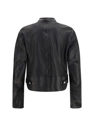 Gucci Mens Buffalo Leather Bomber With Web Trim Black-Green-Red Jacket Black/green/red