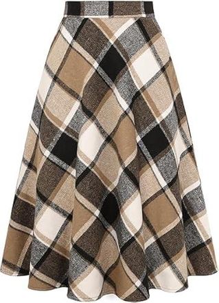 Belle Poque Jupe mi-longue &agrave; carreaux pour femme Style vintage taille haute A-ligne avec poches Pliss&eacute; polyvalent pour femme, XXL