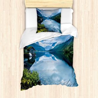 Abakuhaus Natur Bettbezug Set für Einzelbetten, Holzhütten Norwegen, Milbensicher Allergiker geeignet mit Kissenbezug,Blau Grün