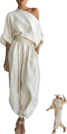 Generic Ensemble &eacute;l&eacute;gant 2 pi&egrave;ces pour femme, haut asym&eacute;trique et pantalon asym&eacute;triques, d&eacute;contract&eacute;, ample, jambe large, blanc, XXL