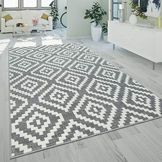 Paco Home Tapis À Poils Ras Salon Moderne Géométrique Motif Losanges en Gris Blanc, Dimension:60x100 cm