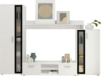 Mirjan24 Wohnwand Bentley, Praktische Anbauwand, Schrankwand, Mediawand, mit viel Stauraum, Top-Qualität (Weiß/Schwarz, ohne LED Beleuchtung)