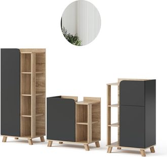 Vicco Badmöbel-Set Sonoma/Anthrazit Karen, bestehend aus Badspiegelschrank, Waschbeckenunterschrank, Midischrank, Hochschrank - Offene und geschlossene Fäch